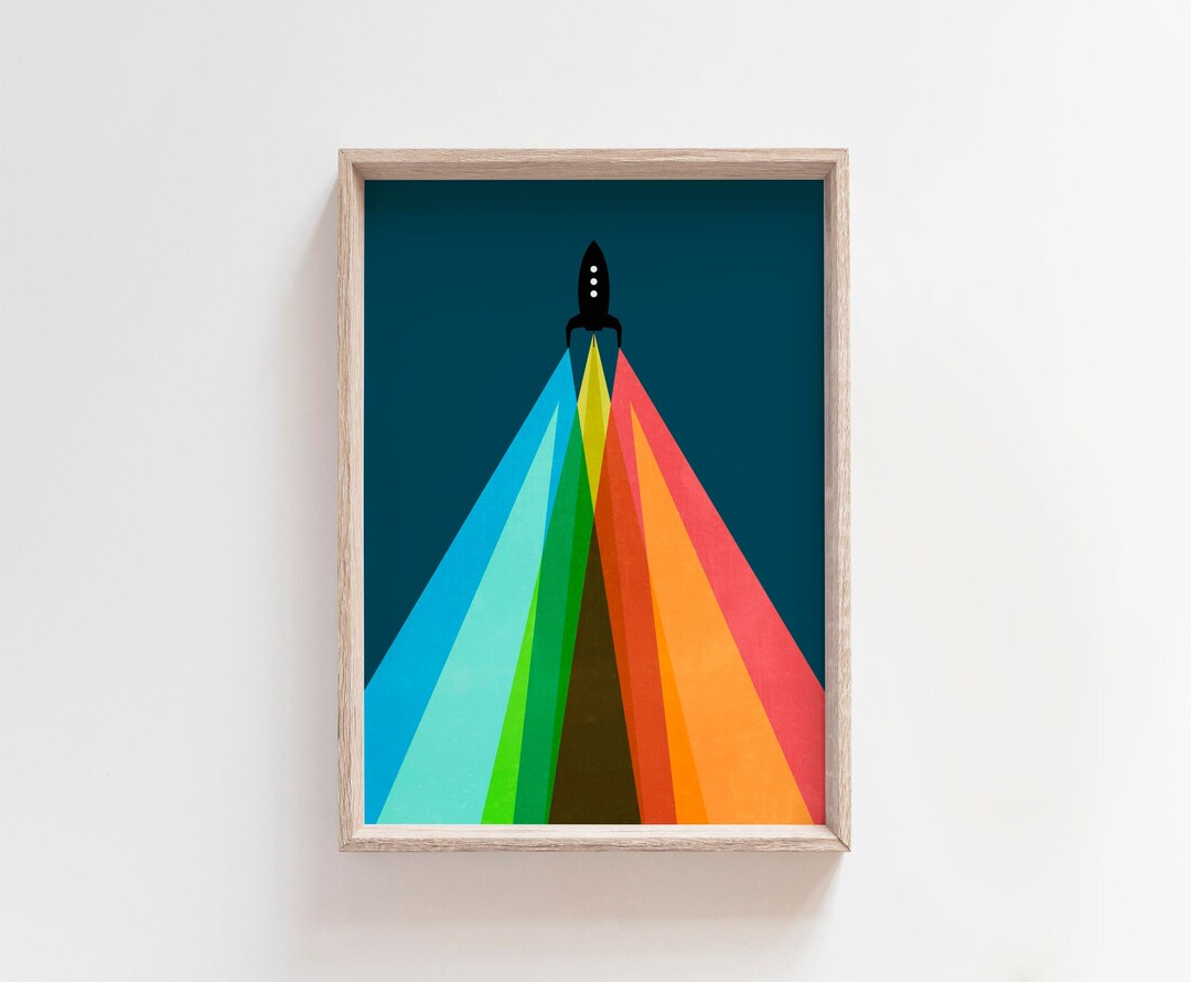 Large Poster Print Retro Space Themed Room Rainbow Rocket - Etsy