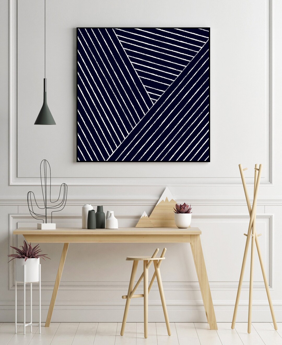 Large Navy Blue Modern Line Art Square Print - Etsy