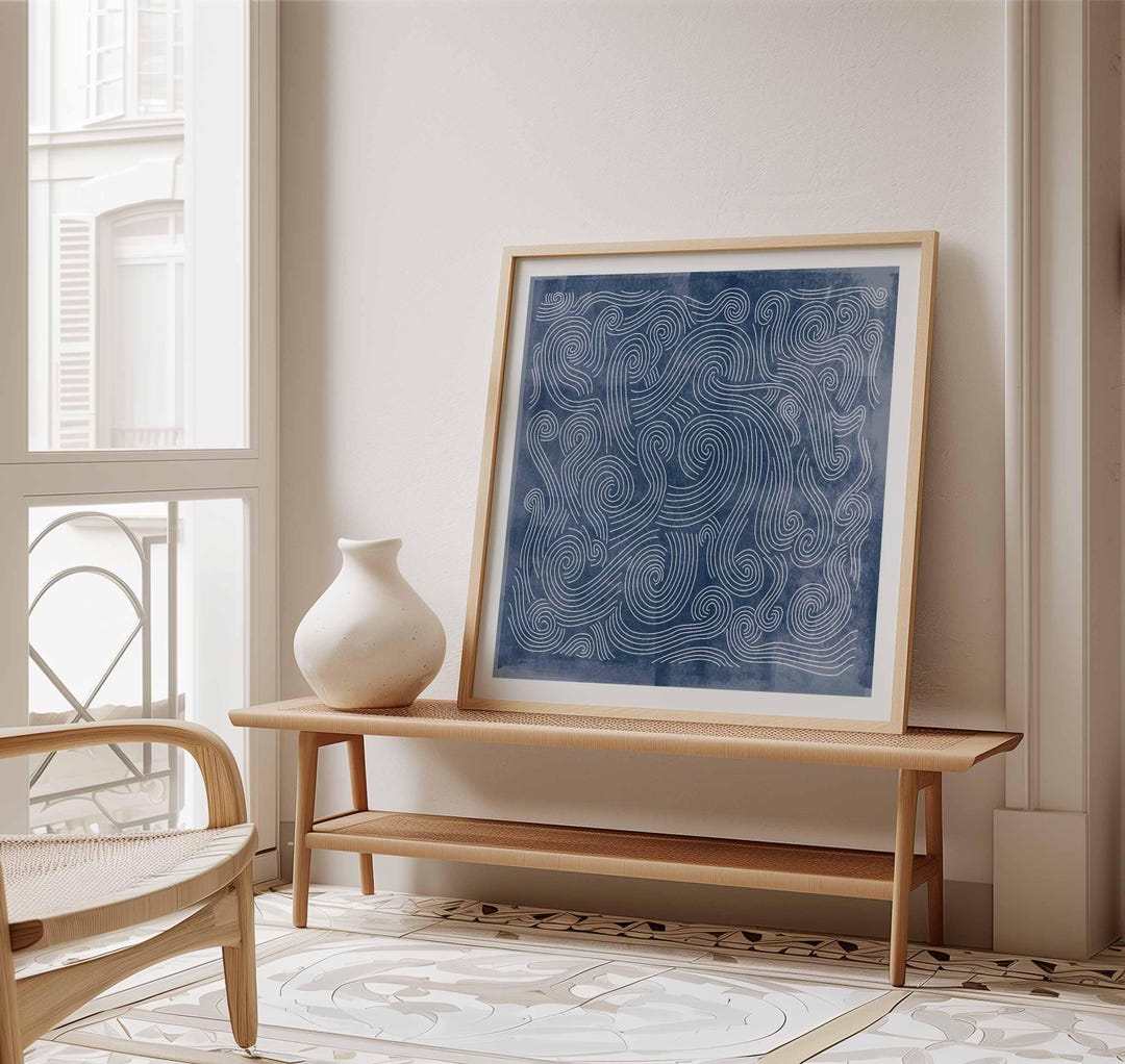 Blue Wave Line Art Print - Modern Square Abstract Ocean-inspired ...