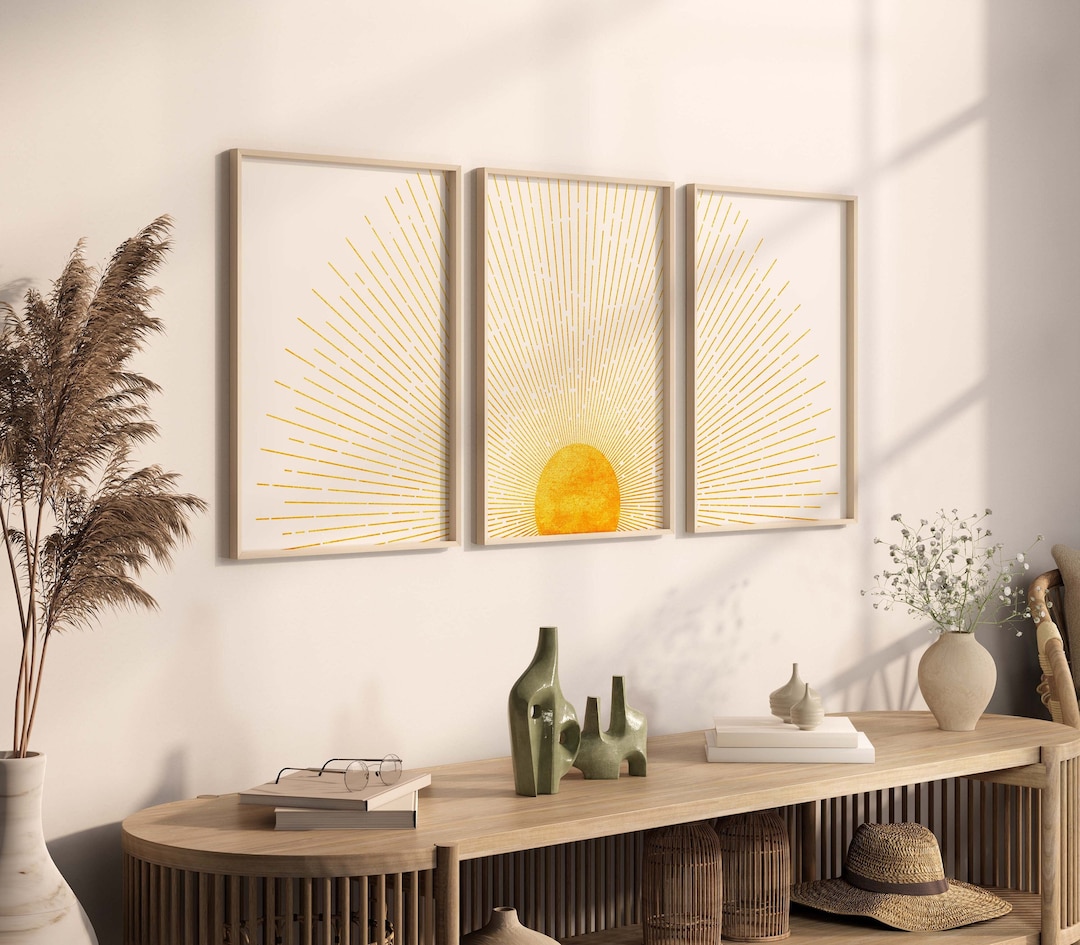 Sunset Posters Set of 3 Boho Sun Print Sun Burst Wall Decor Sunset ...