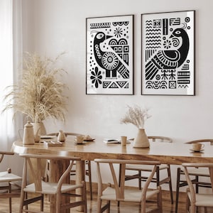 Scandi Folk Art Scandinavian Birds Retro Nordic Wall Art Black and ...