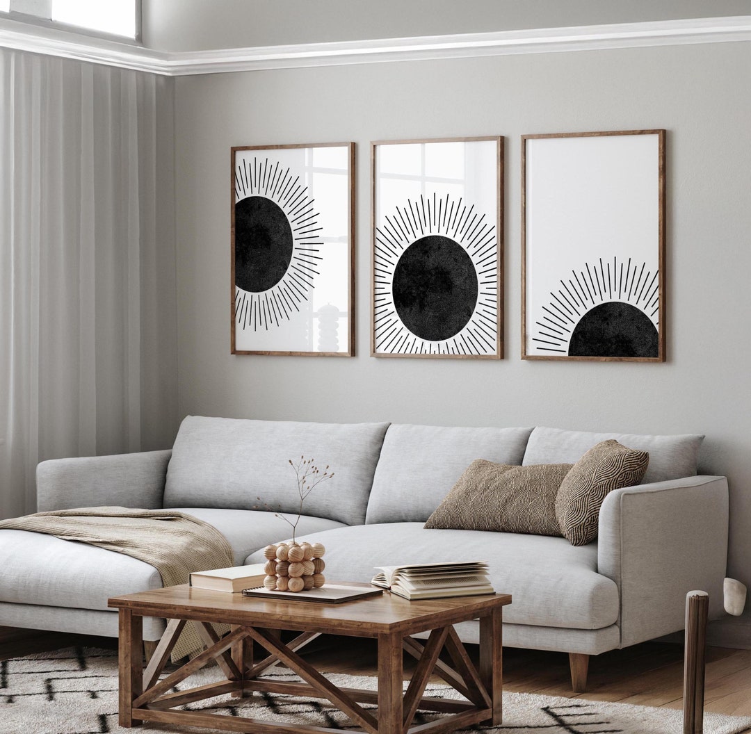 Set of 3 Black and White Setting Sun Abstract Prints - Etsy