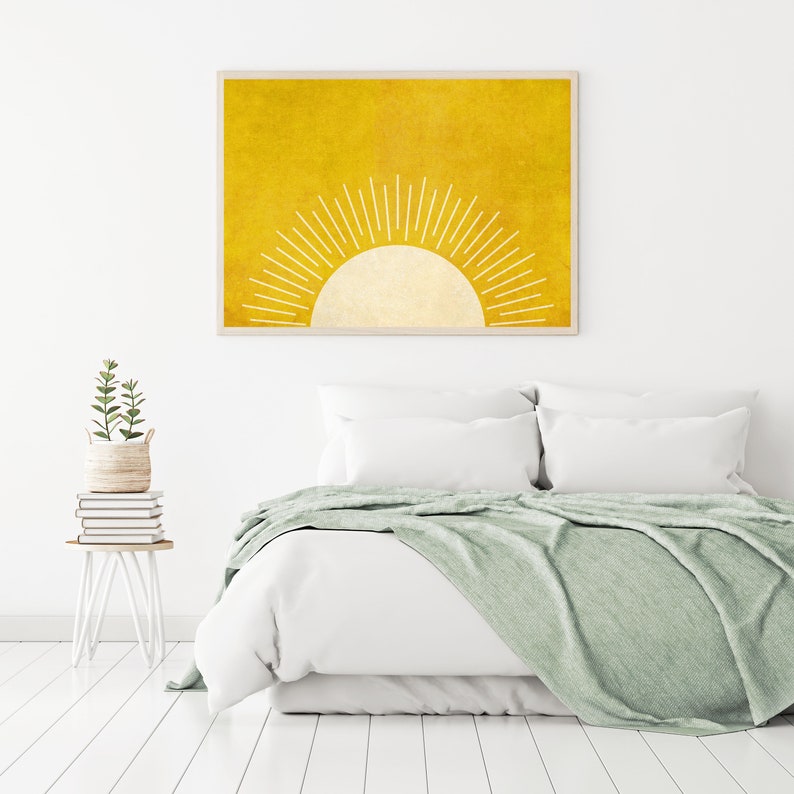 Yellow Boho Sun Wall Art Boho Bedroom Decor Large Sunset | Etsy