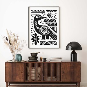 Scandi Folk Art Scandinavian Birds Retro Nordic Wall Art Black and ...