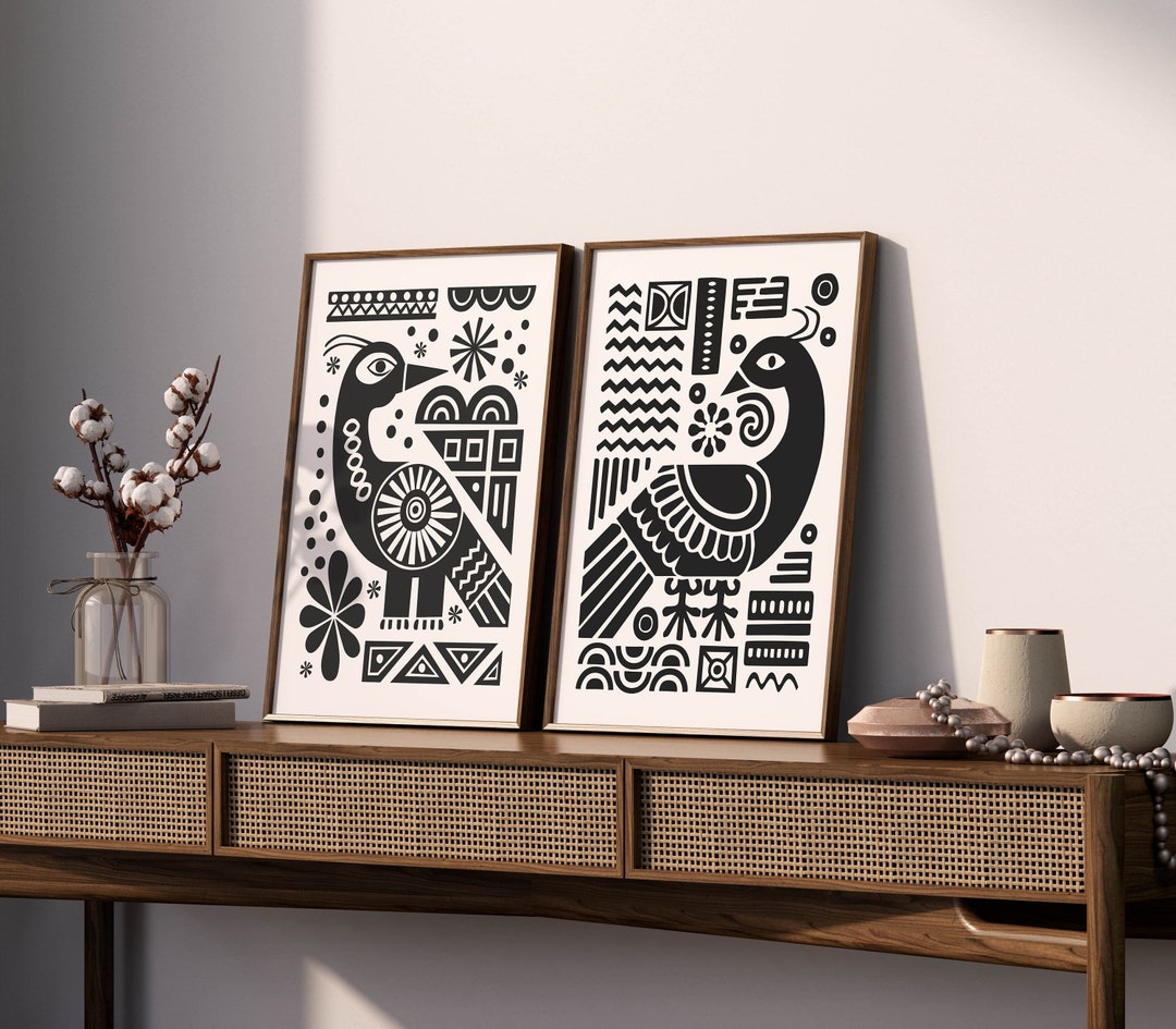 Scandi Folk Art Scandinavian Birds Retro Nordic Wall Art Black and ...