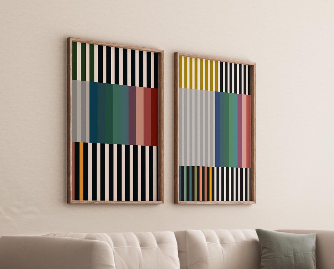 Set of 2 Colorful Abstract Stripe Prints - Modern Geometric Digital ...