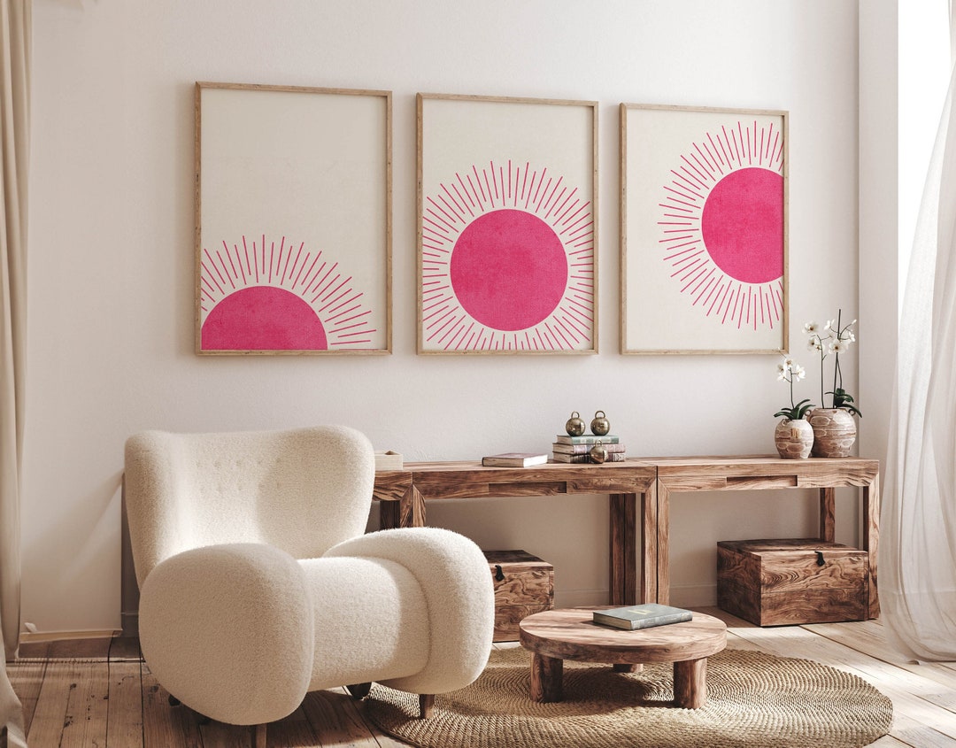 Hot Pink Sun Art Set Digital Abstract Sun Art Girls Bedroom Decor Set ...