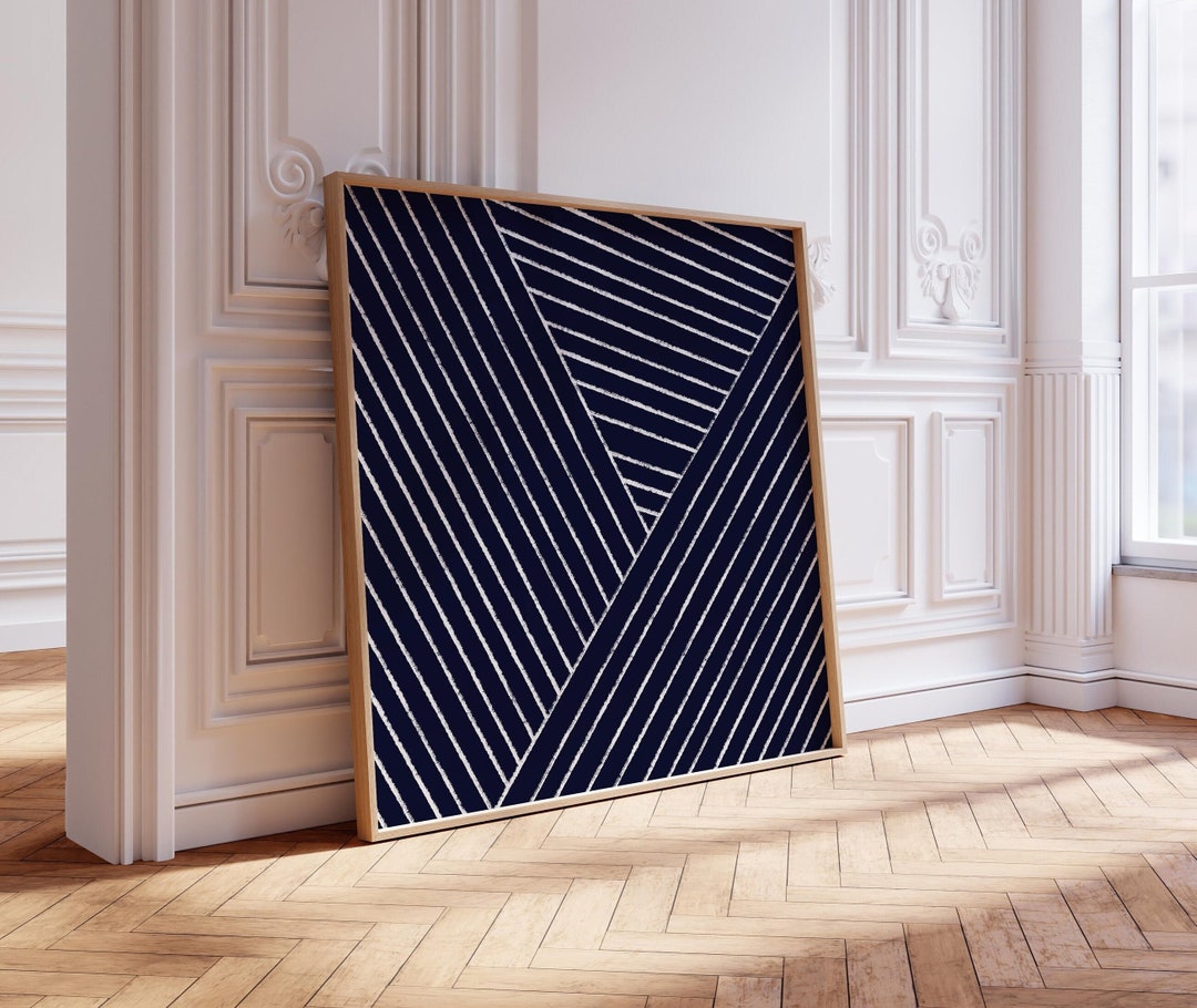 Large Navy Blue Modern Line Art Square Print - Etsy