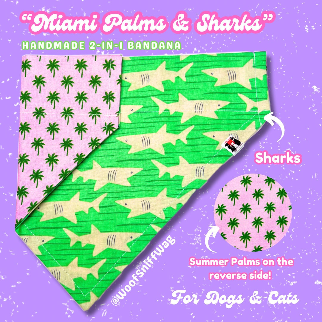 Miami Palms & Sharks • Reversible Pet Bandana • Machine Washable • Snap ...