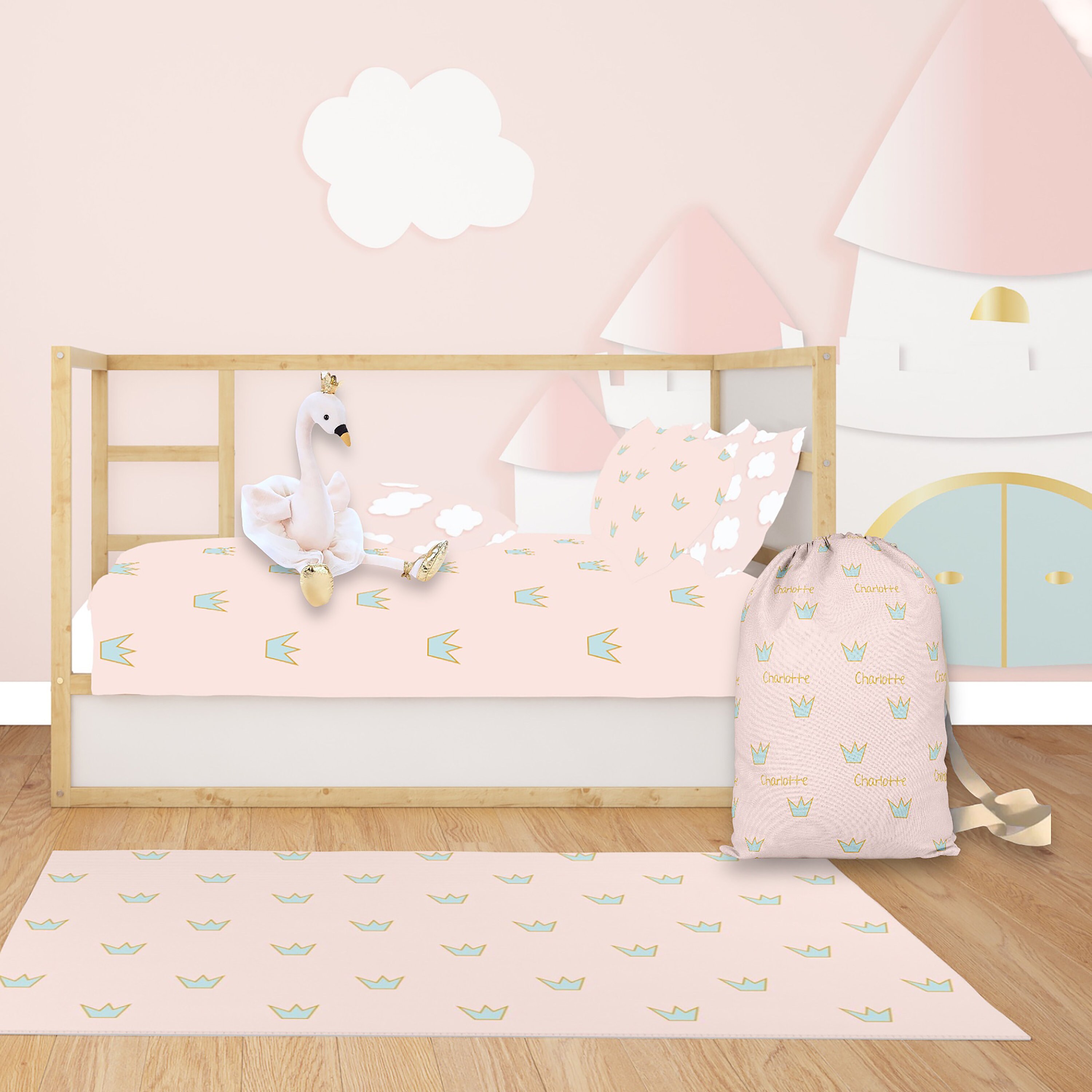 Fairytale Nursery Room Rug-princess Nursery-crown Pattern Rug Aqua ...