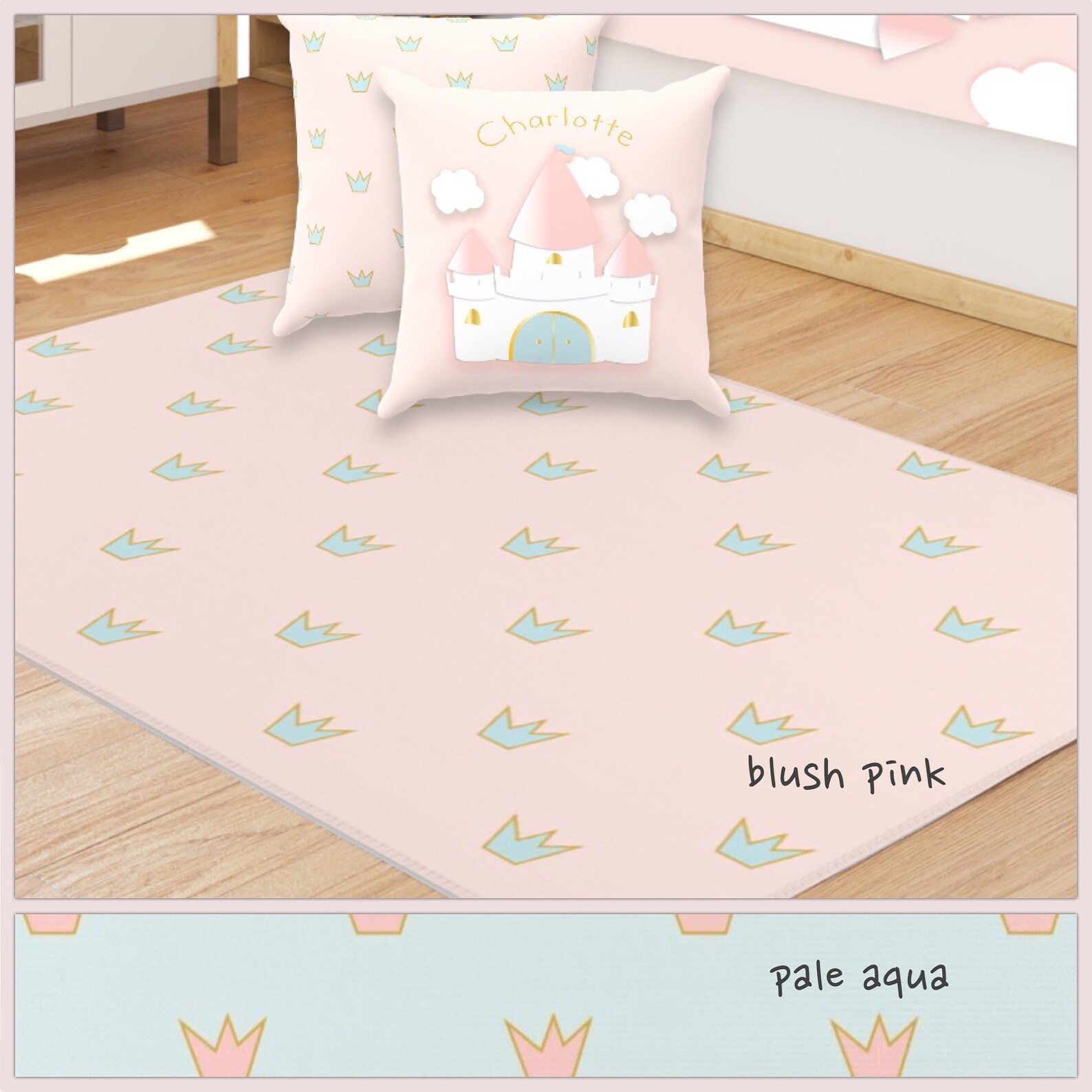 Fairytale Nursery Room Rug-princess Nursery-crown Pattern Rug Aqua ...