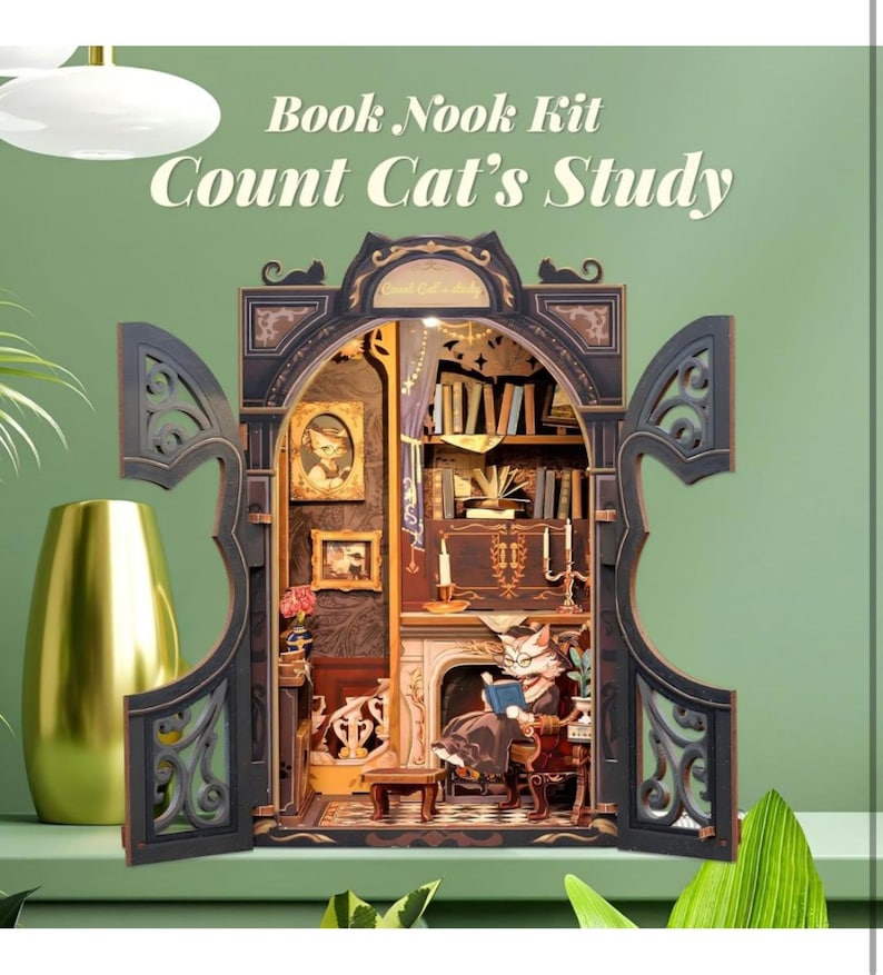 LED Book Nook Puzzle DIY Doll House Kit Cats Study - Etsy