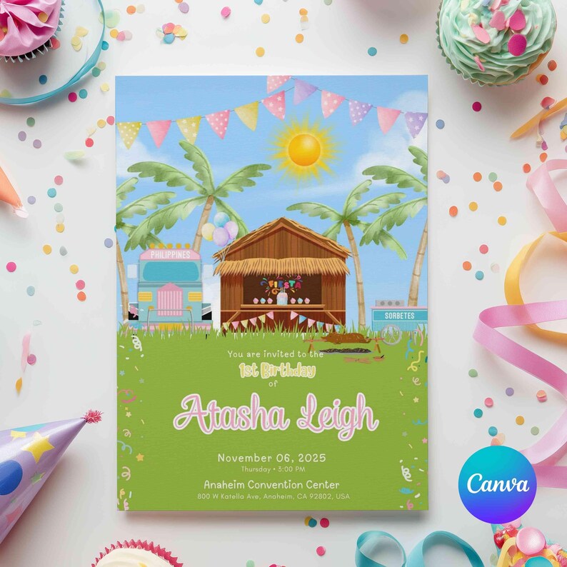 Filipino Fiesta Birthday Invitation | Barrio, Jeepney, Sorbetes, Bahay ...