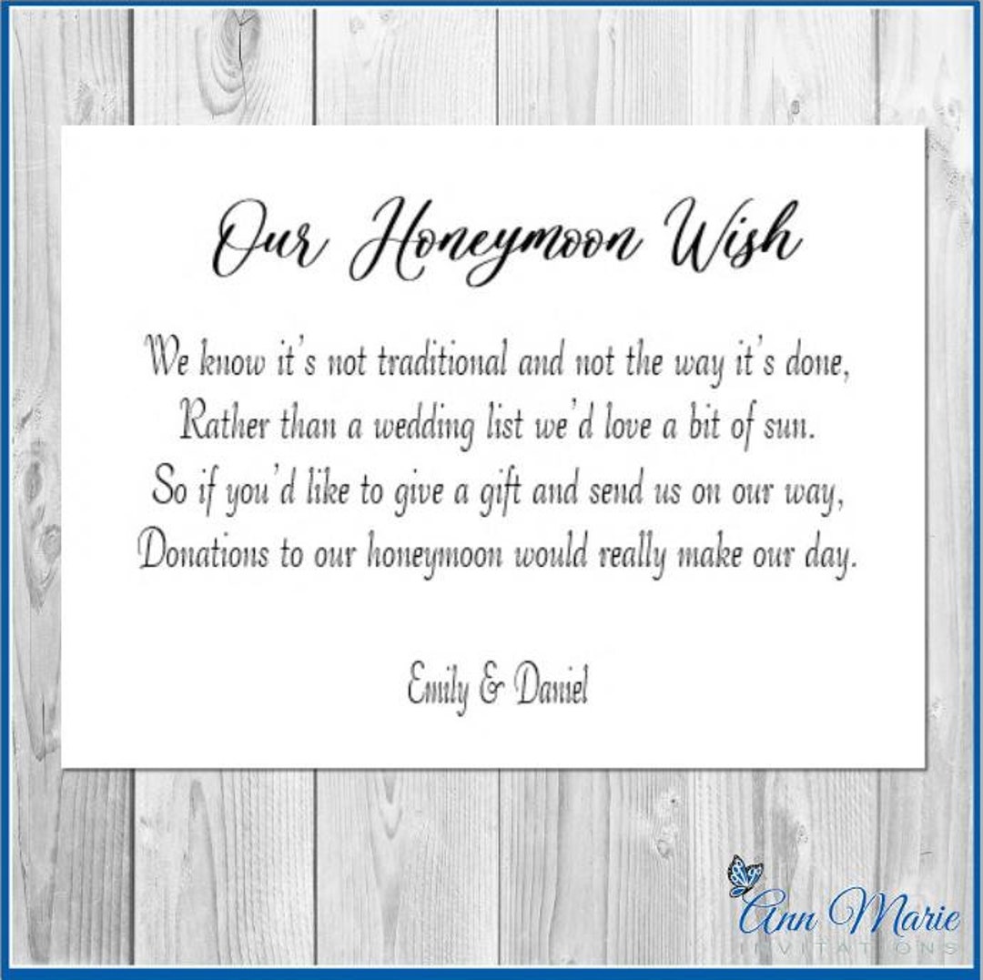 50 X Personalised Wedding Money Wish Poem / Gift Poem Cards / Honeymoon ...