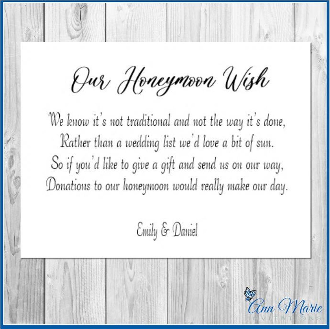 50 X Personalised Wedding Money Wish Poem / Gift Poem Cards / Honeymoon ...