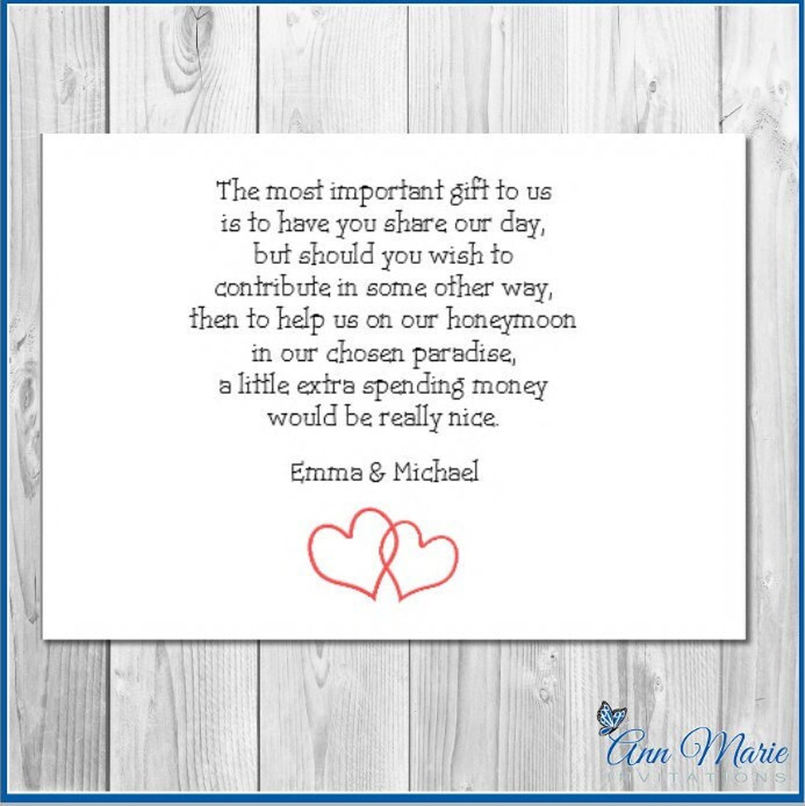 10 X Personalised Wedding Money Wish Poem / Gift Poem Cards / Honeymoon ...