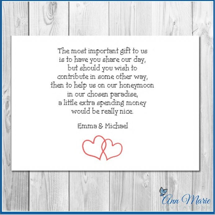 50 X Personalised Wedding Money Wish Poem / Gift Poem Cards / Honeymoon ...