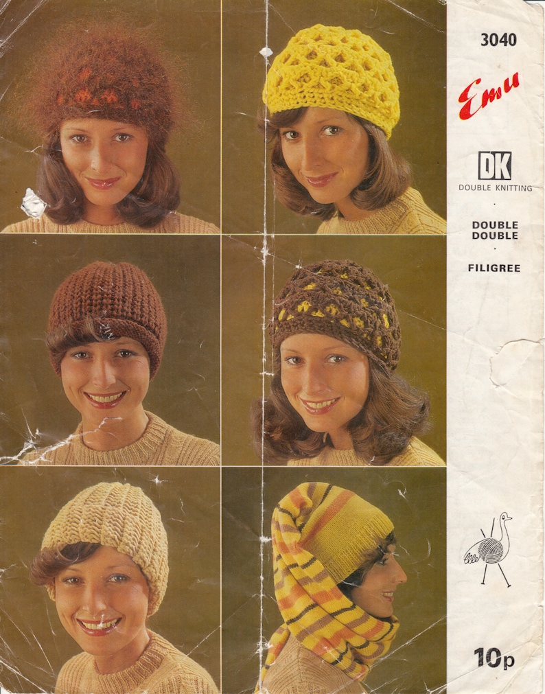 Pdf 1970s KNITTED HAT PATTERN, 1970s Crocheted Hat Pattern, Women's Hat ...