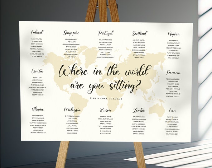 Printable Travel Theme Wedding Watercolor Table Plan - Travel World Map ...