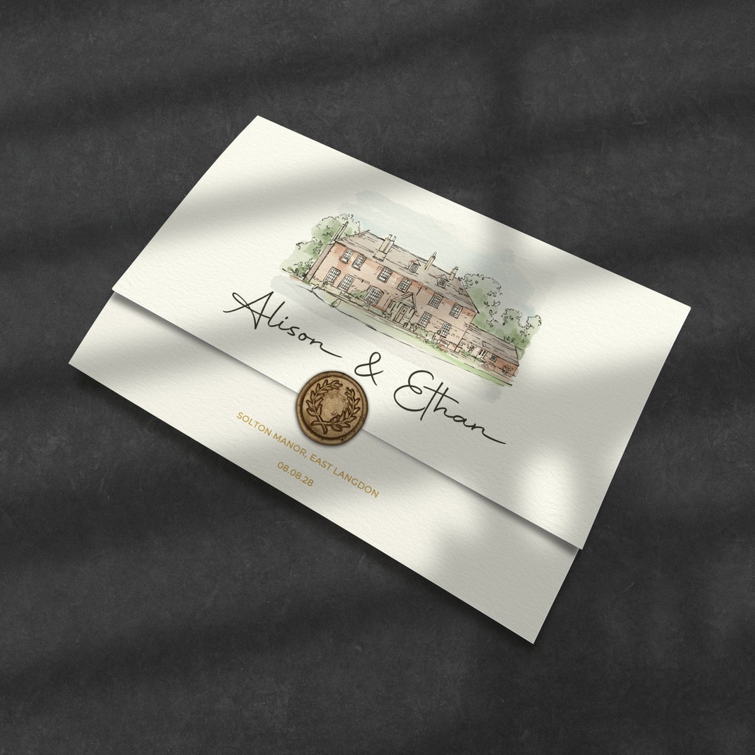 Wallet Fold Venue Illustration Wedding Invitation – Colour Hand-drawn ...