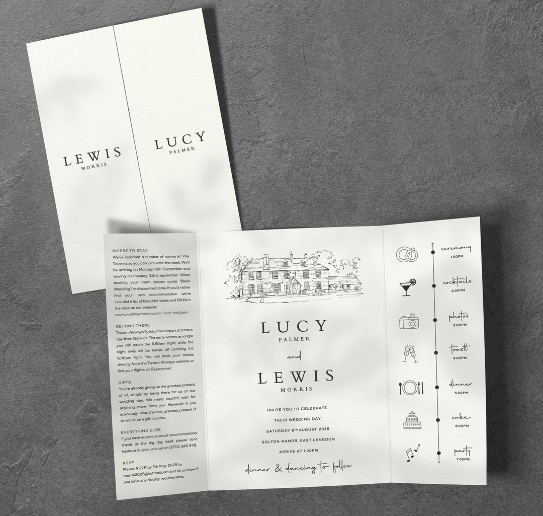 Gatefold Wedding Invitation With Colour Venue Sketch Personalised ...