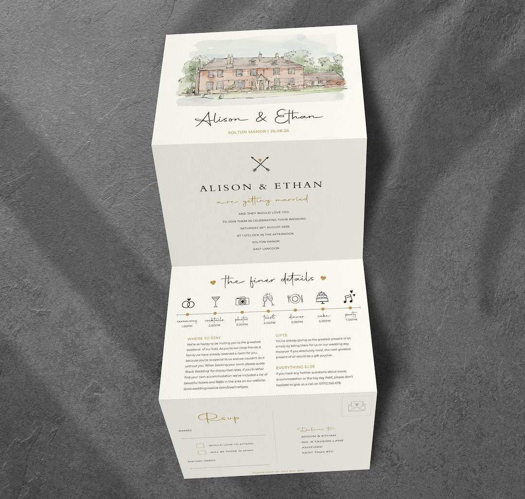 Watercolour Venue Wedding Invitation Concertina All in One Design - Etsy
