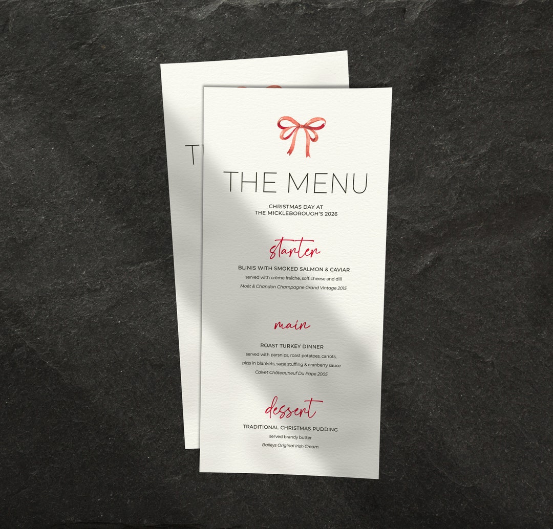 Bow Menu Christmas Dinner Menus Xmas Dinner Thanksgiving - Etsy