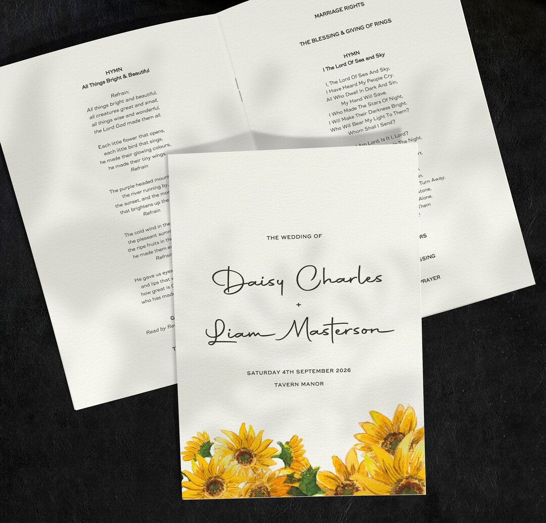 Sunflower Order of Service — Rustic Wedding Ceremony Booklet With ...