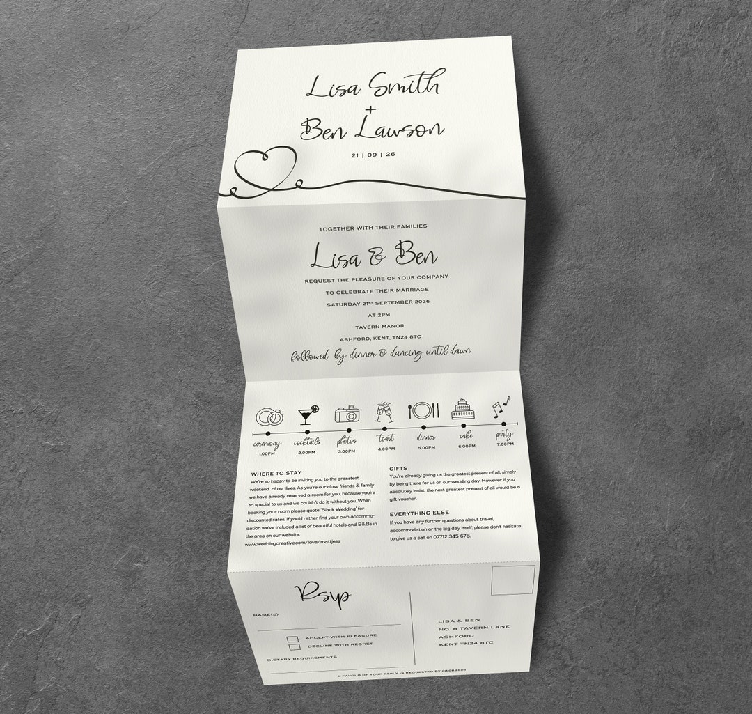 Concertina Wedding Invitation, Simple Wedding Invite, Calligraphy ...