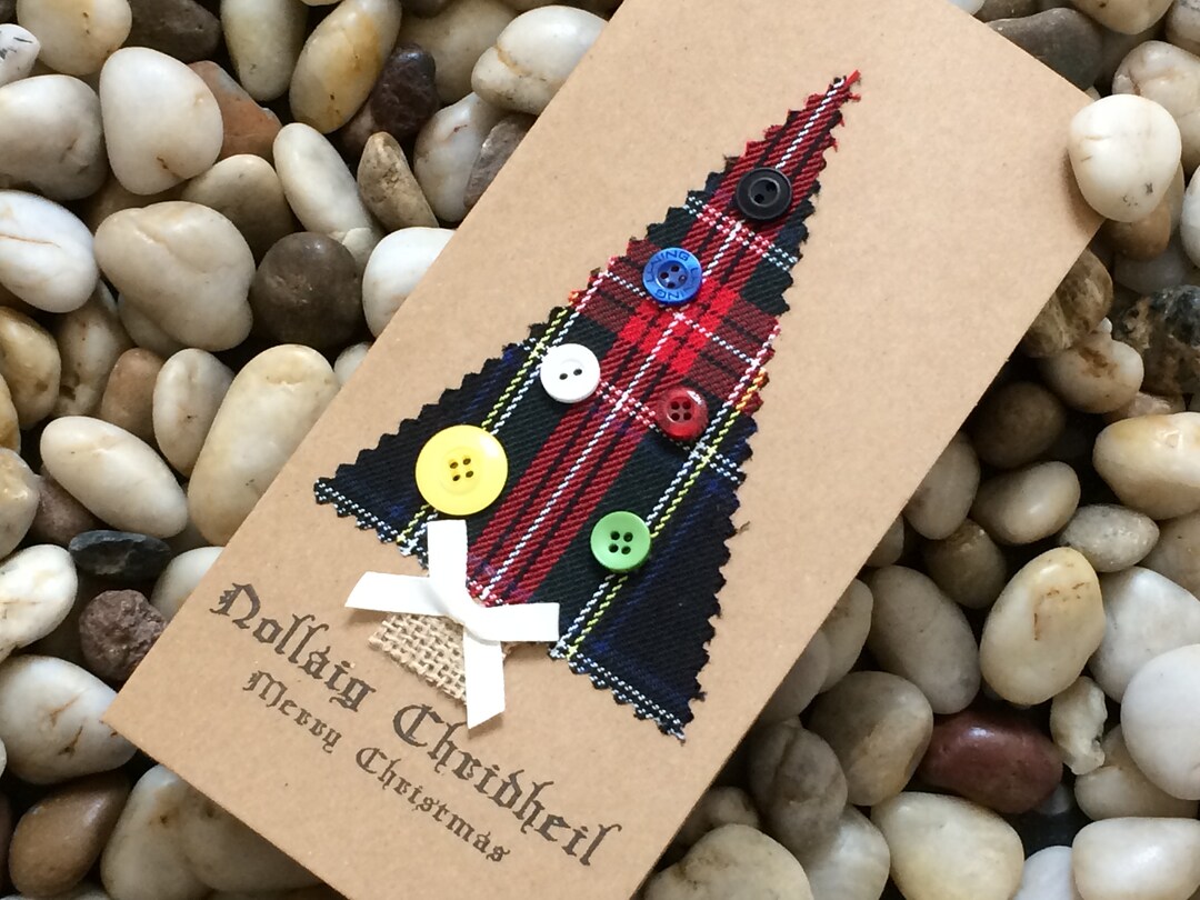4 Pack Nollaig Chridheil Scottish Tartan Christmas Tree Cards, Rustic ...