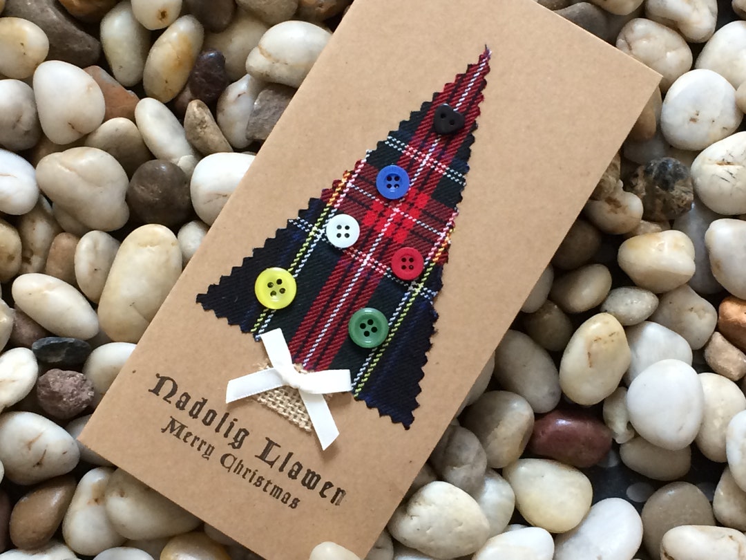 4 Pack 'nadolig Llawen' Welsh Tartan Christmas Tree Cards, Rustic ...