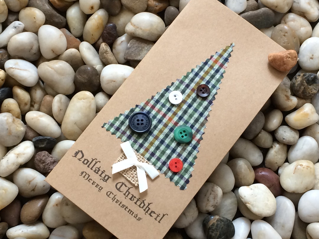 4 Pack 'nollaig Chridheil' Scottish Tartan Christmas Tree Cards, Rustic ...