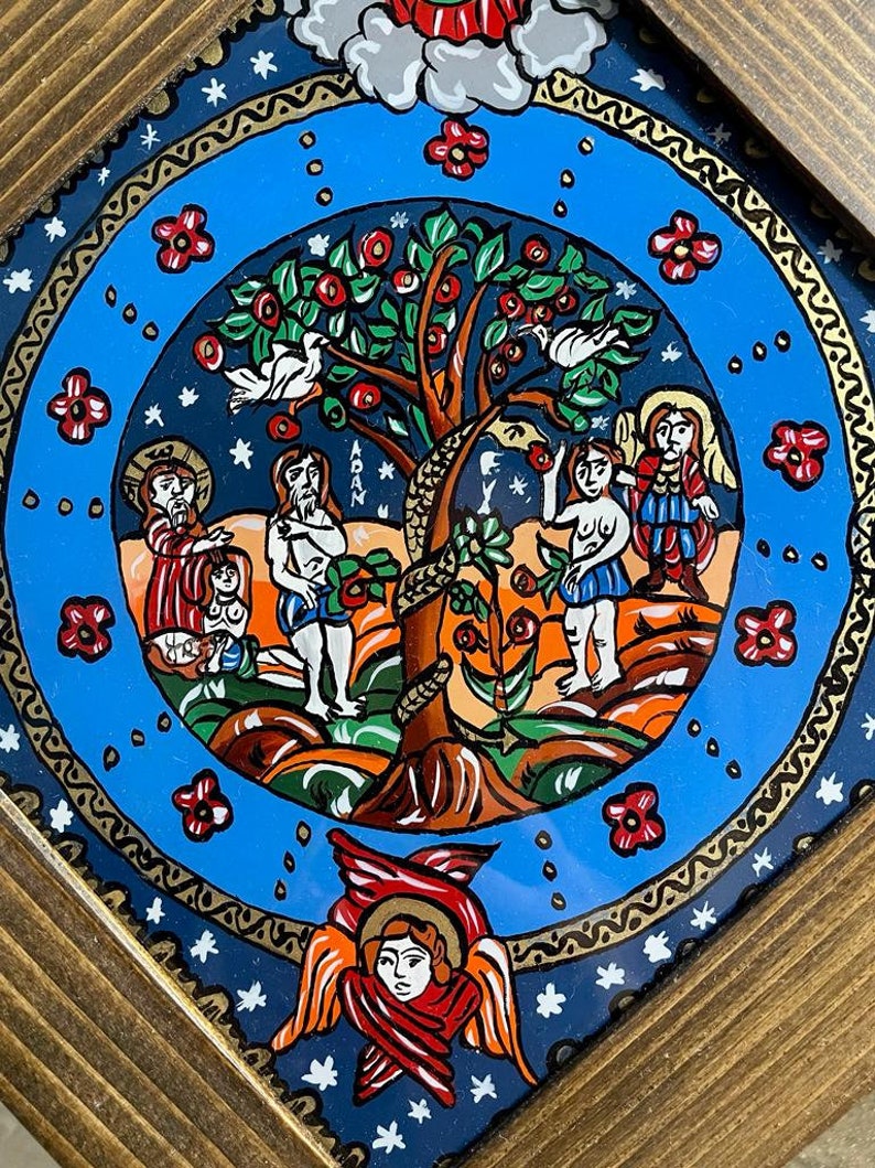 The Primordial Family, Adam and Eve in the Eden Garden. Romanian Icon ...