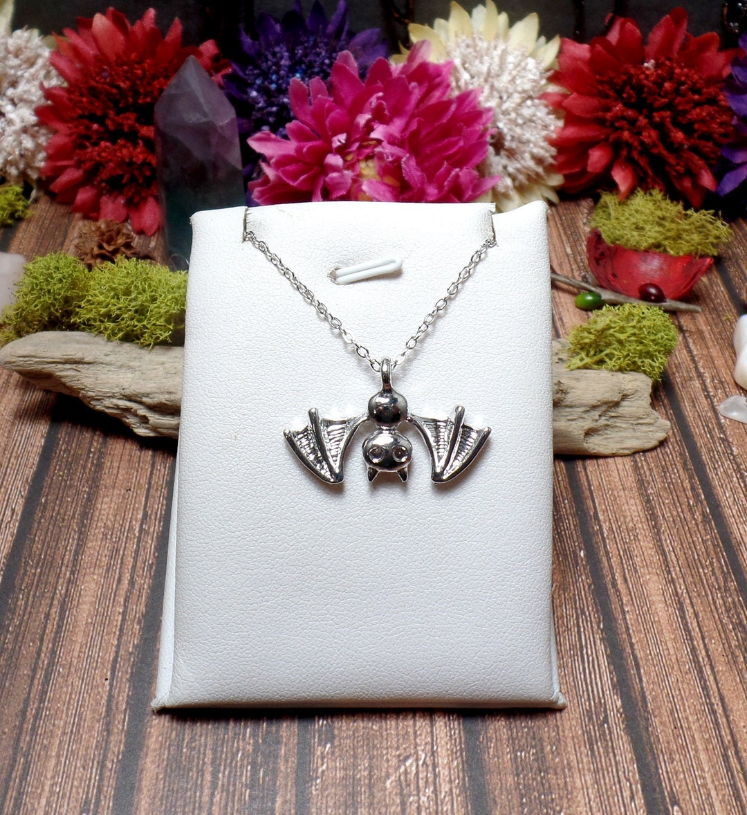Small Upside Down Bat Necklace, Bright Silver Bat Necklace, Dainty ...