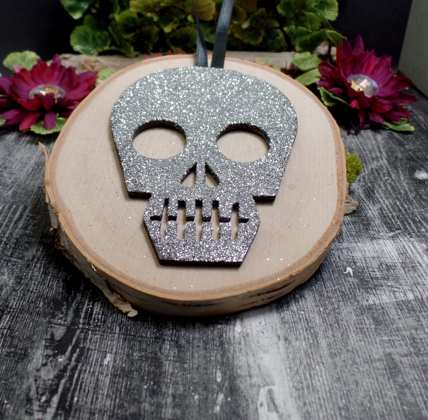 Set of 2 Silver Glitter Skull Ornaments, Wood Ornaments, Halloween Tree ...