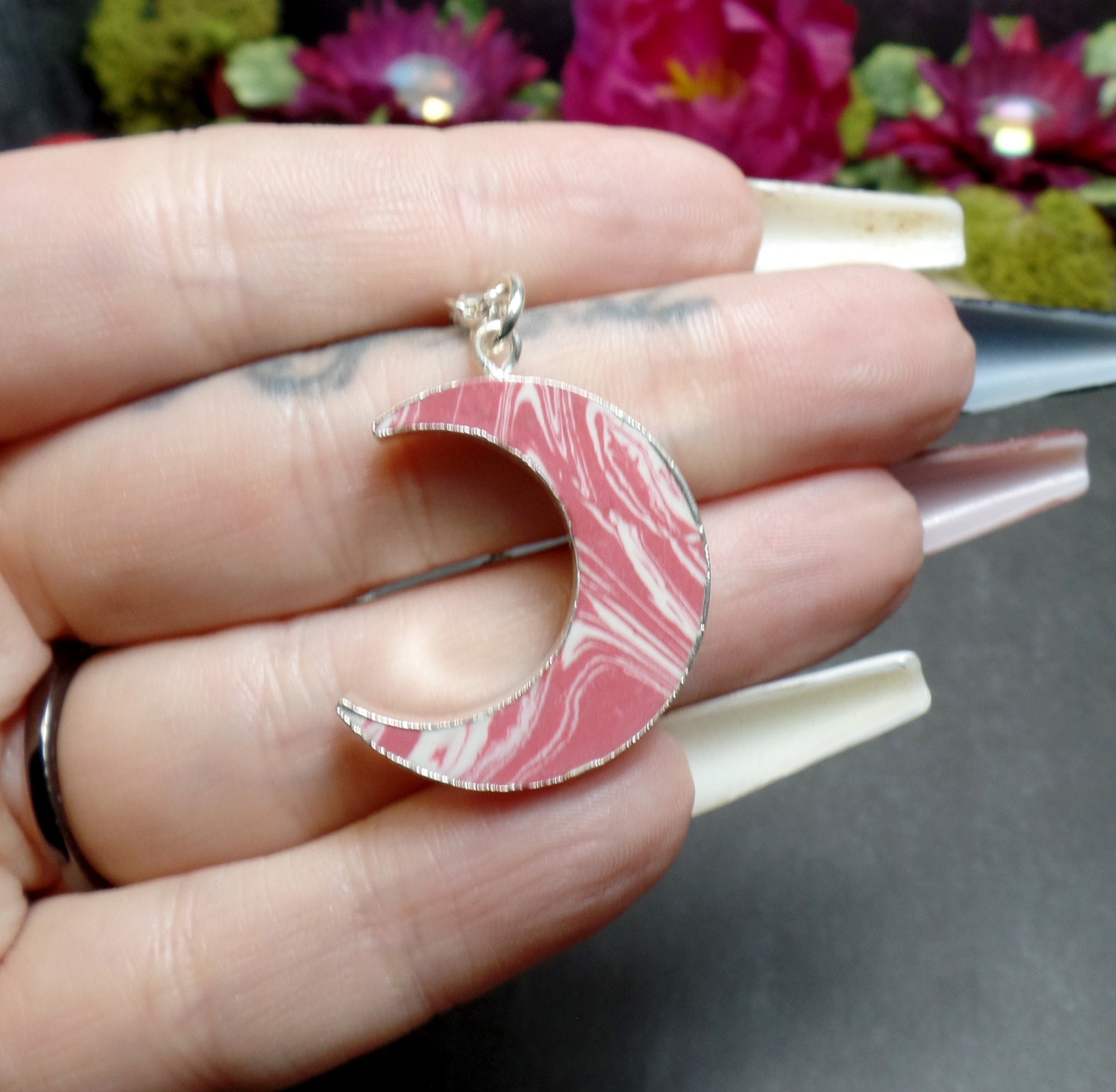 Red Swirl Clay Moon Necklace Red &white Moon Red Crescent - Etsy
