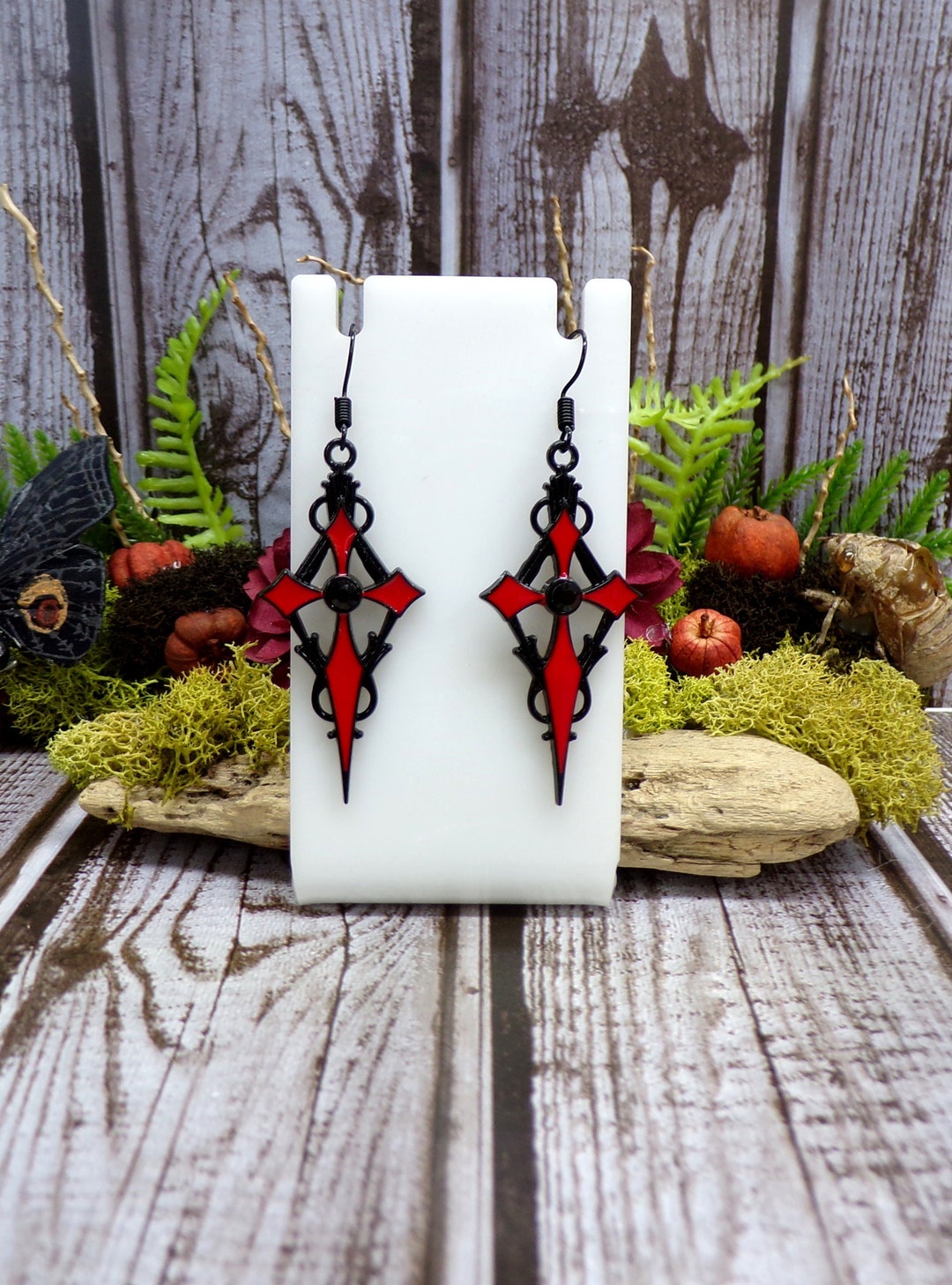 Black and Red Gothic Cross Earrings Small Version Red & Black Earrings ...