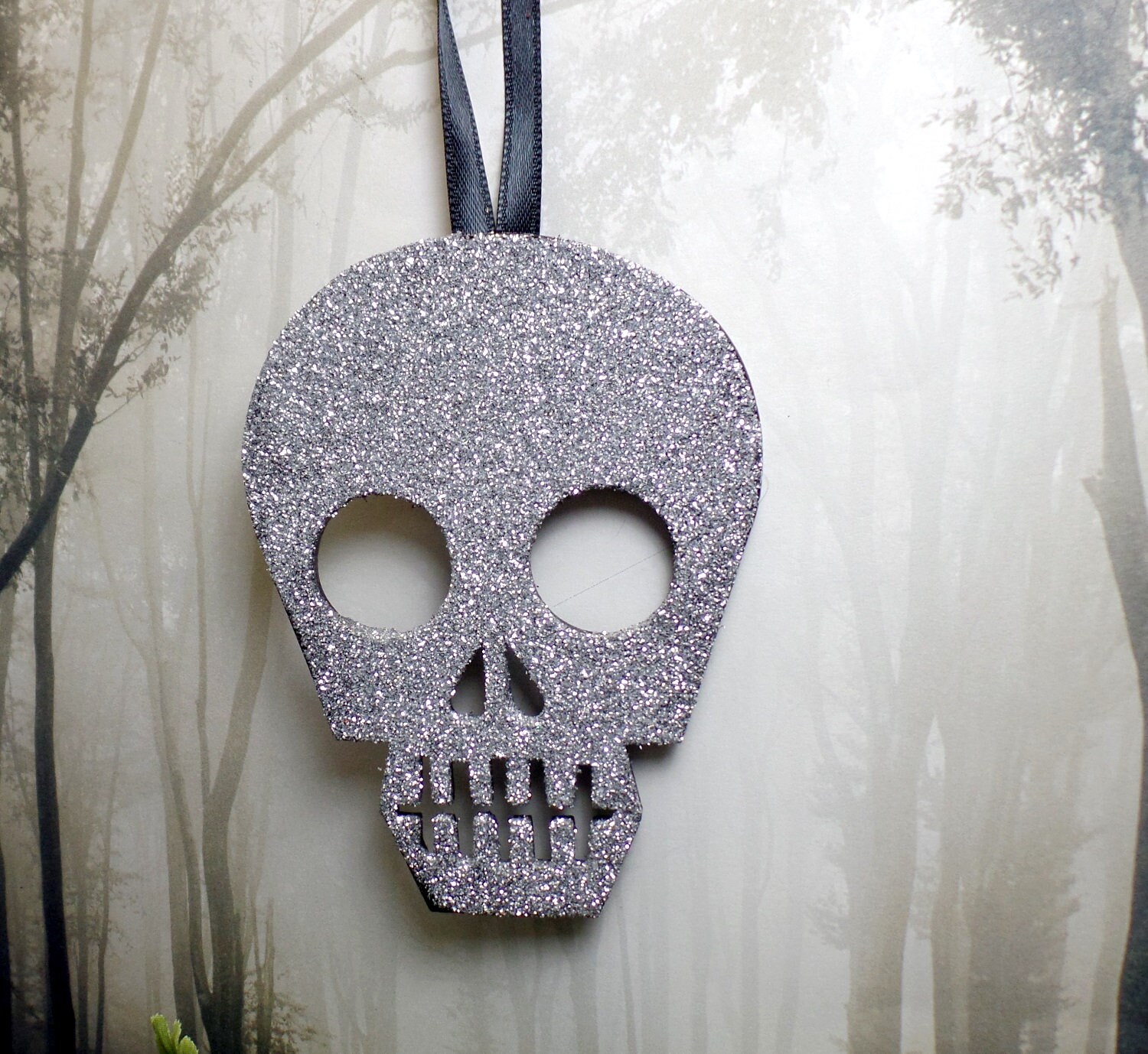 Set of 2 Silver Glitter Skull Ornaments, Wood Ornaments, Halloween Tree ...
