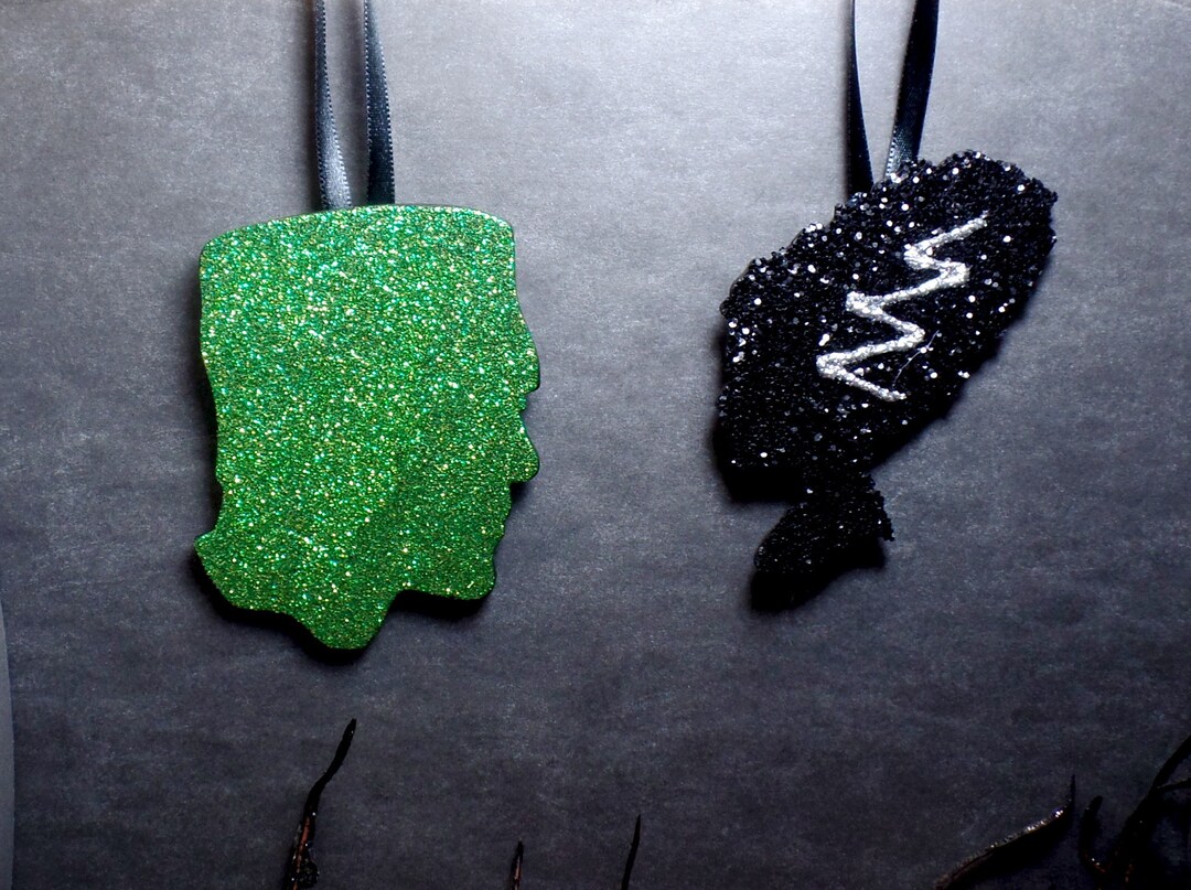 Set of 2 Glitter Monster Ornaments, Frankenstein's Monster & Bride ...