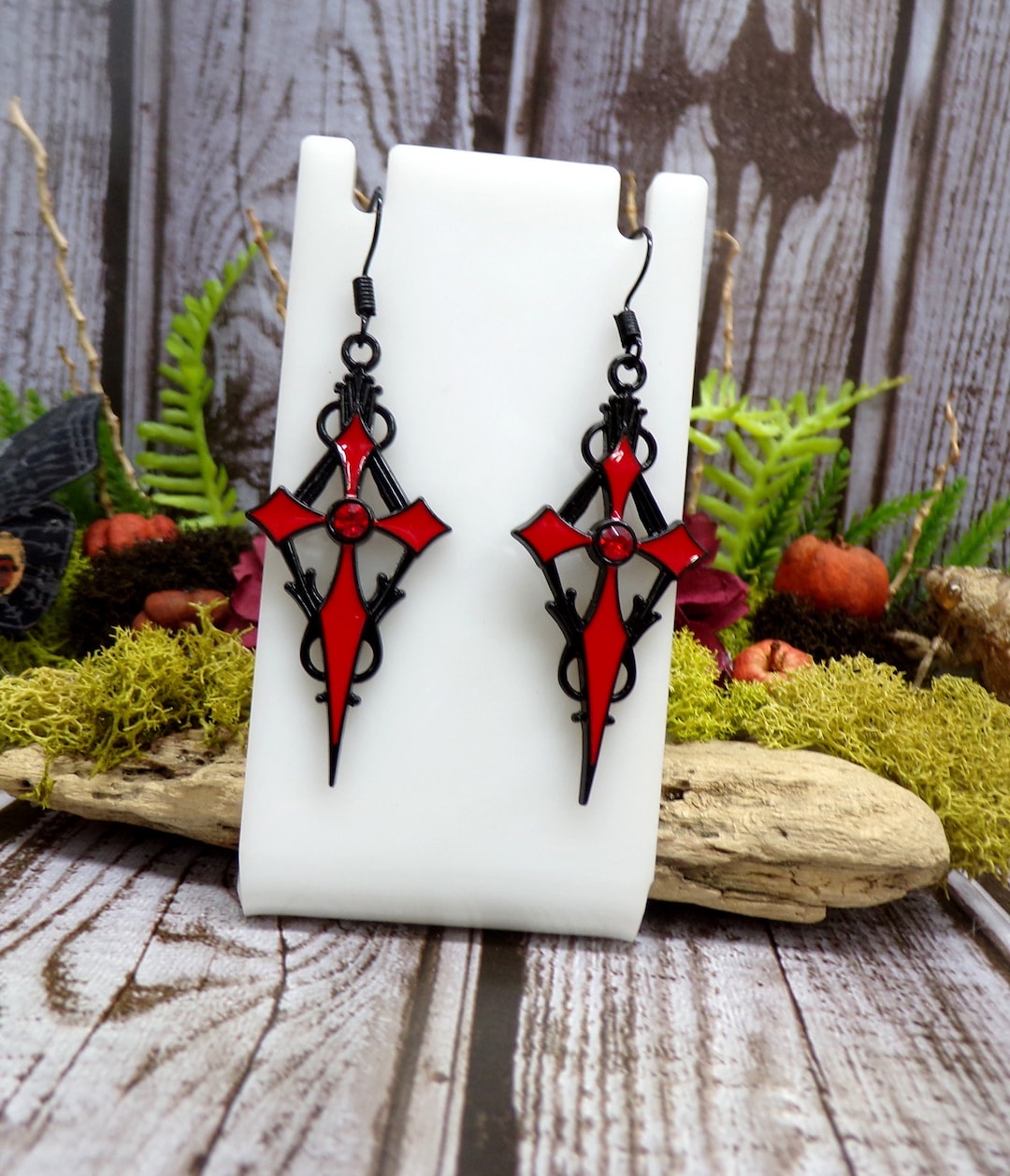 Black and Red Gothic Cross Earrings, Small Version, Red Rhinestone ...