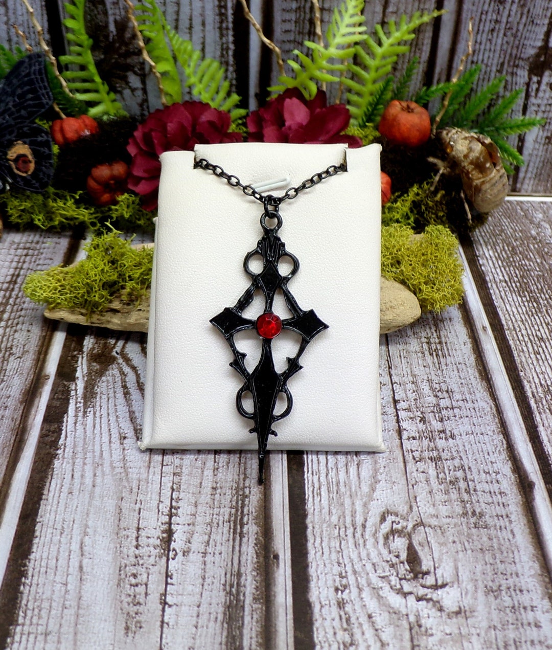 Black Gothic Cross Necklace Red And Black Necklace Red Rhinestone Cross Vampire Cross