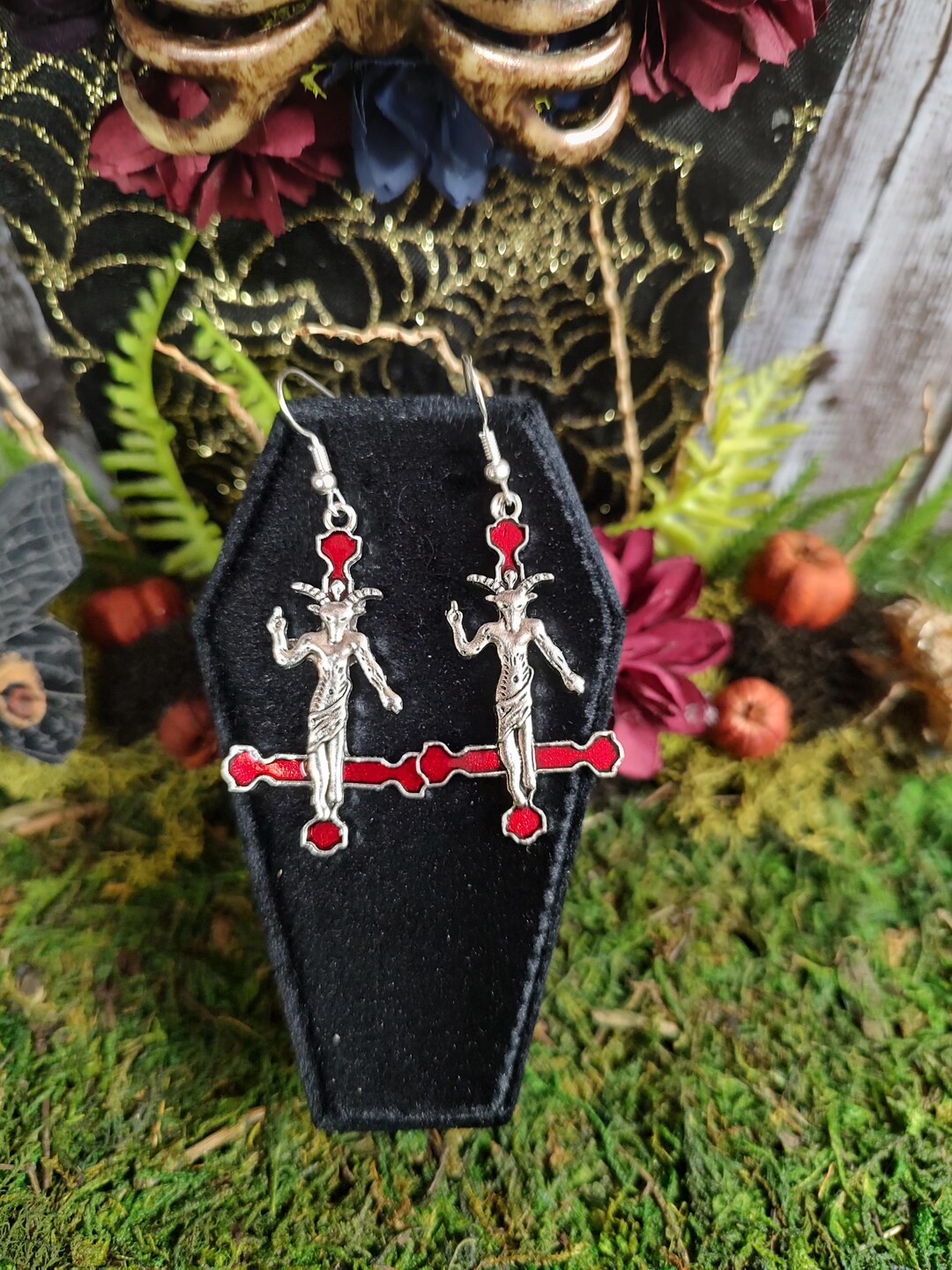 Baphomet Inverted Red Cross Earrings, Upside Down Cross, Satanic Cross ...