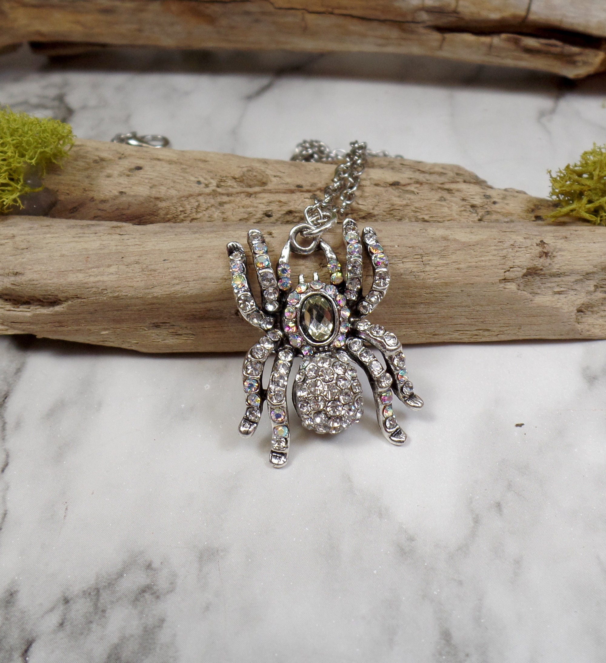 Silver Crystal Spider Necklace Rhinestone Spider Halloween | Etsy