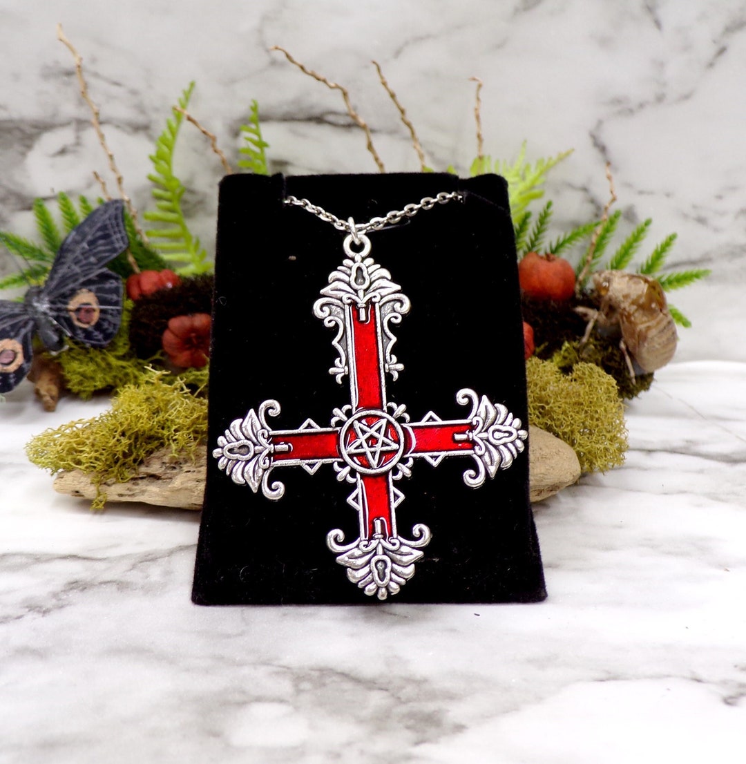 Upside Down Red Gothic Cross Necklace, Inverted Pentacle Necklace ...