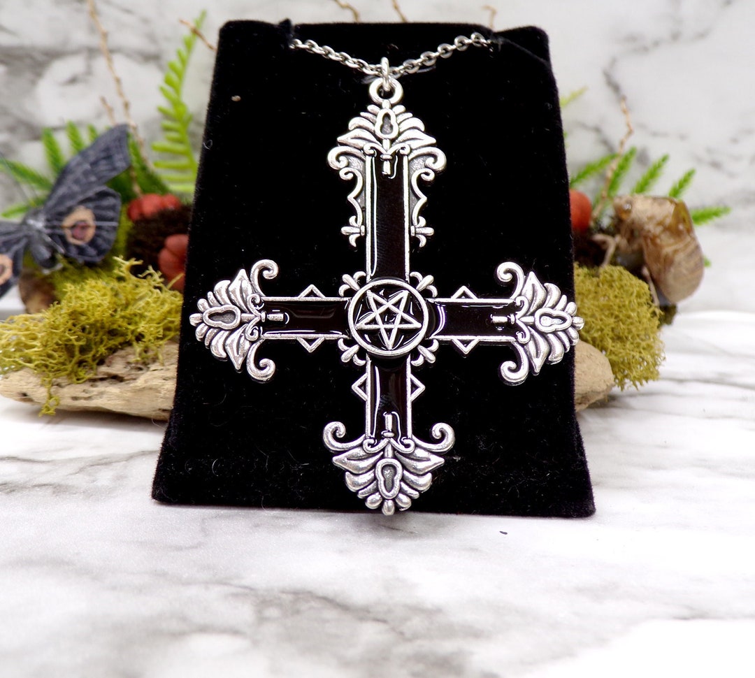 Upside Down Black Gothic Cross Necklace, Inverted Pentacle Cross ...