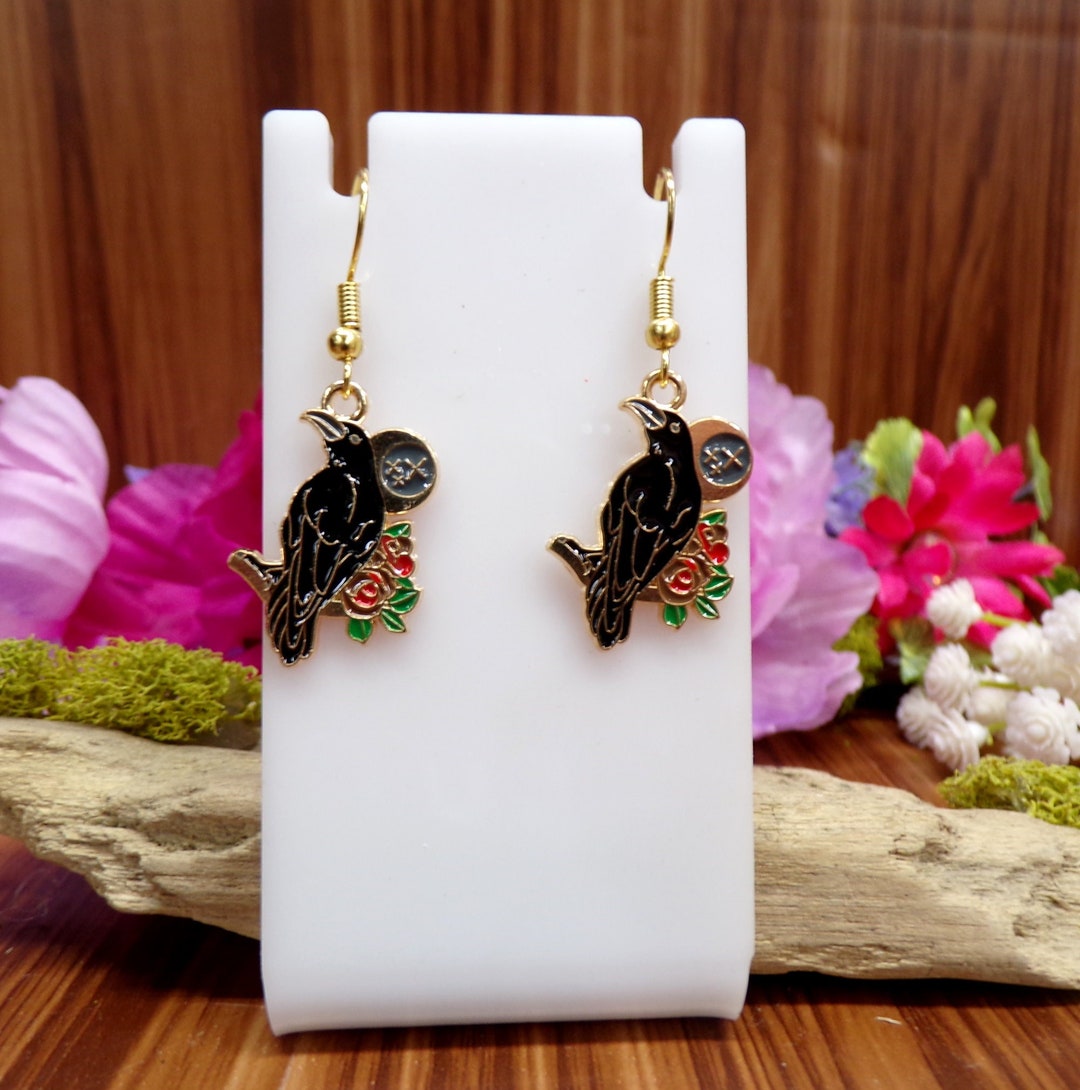 Dainty Black Raven Earrings, Gold Rose Moon Earrings, Halloween ...