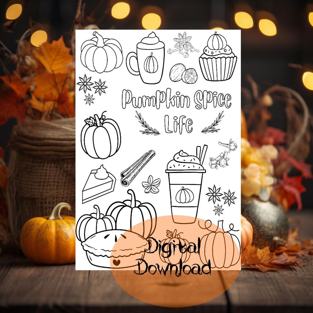 Pumpkin Spice Coloring Page - Autumn - Fall Food and Drink - Digital ...
