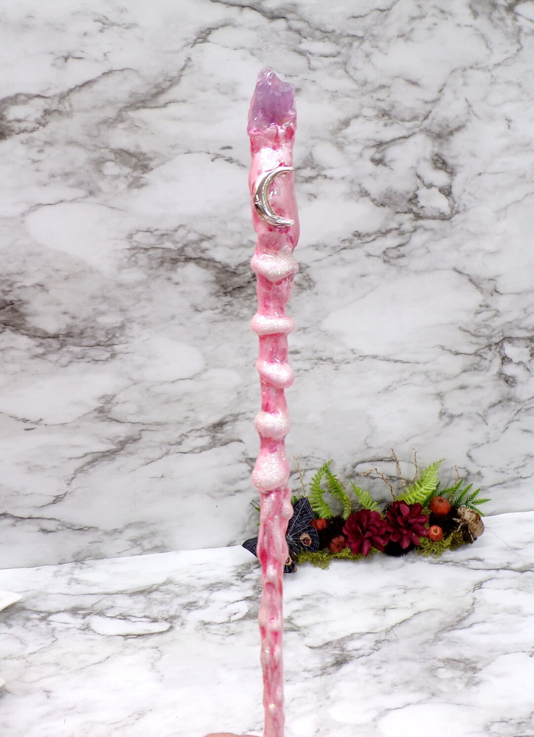 Pastel Pink and White Glitter Crescent Moon Amethyst Tipped Wand, Witch ...