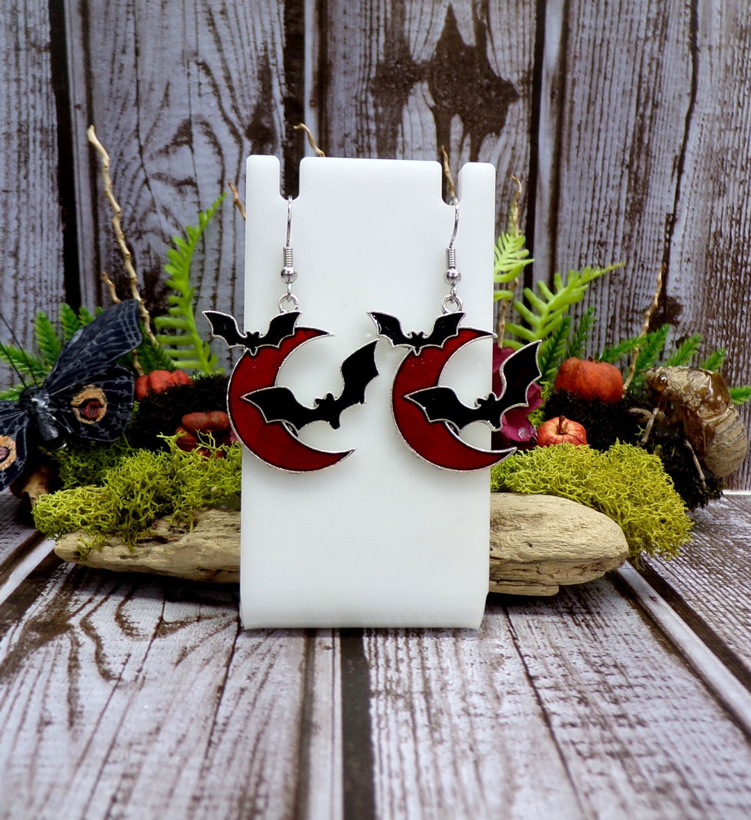 Bats Flying Over Red Moon Earrings, Crescent Moon Jewelry, Gothic Gifts ...