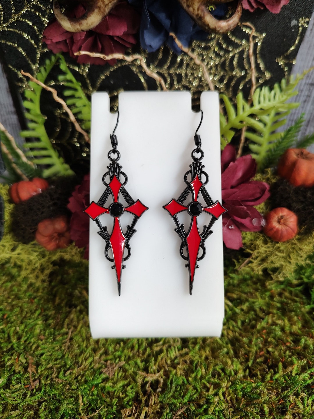 Black and Red Gothic Cross Earrings, Small Version, Red & Black ...